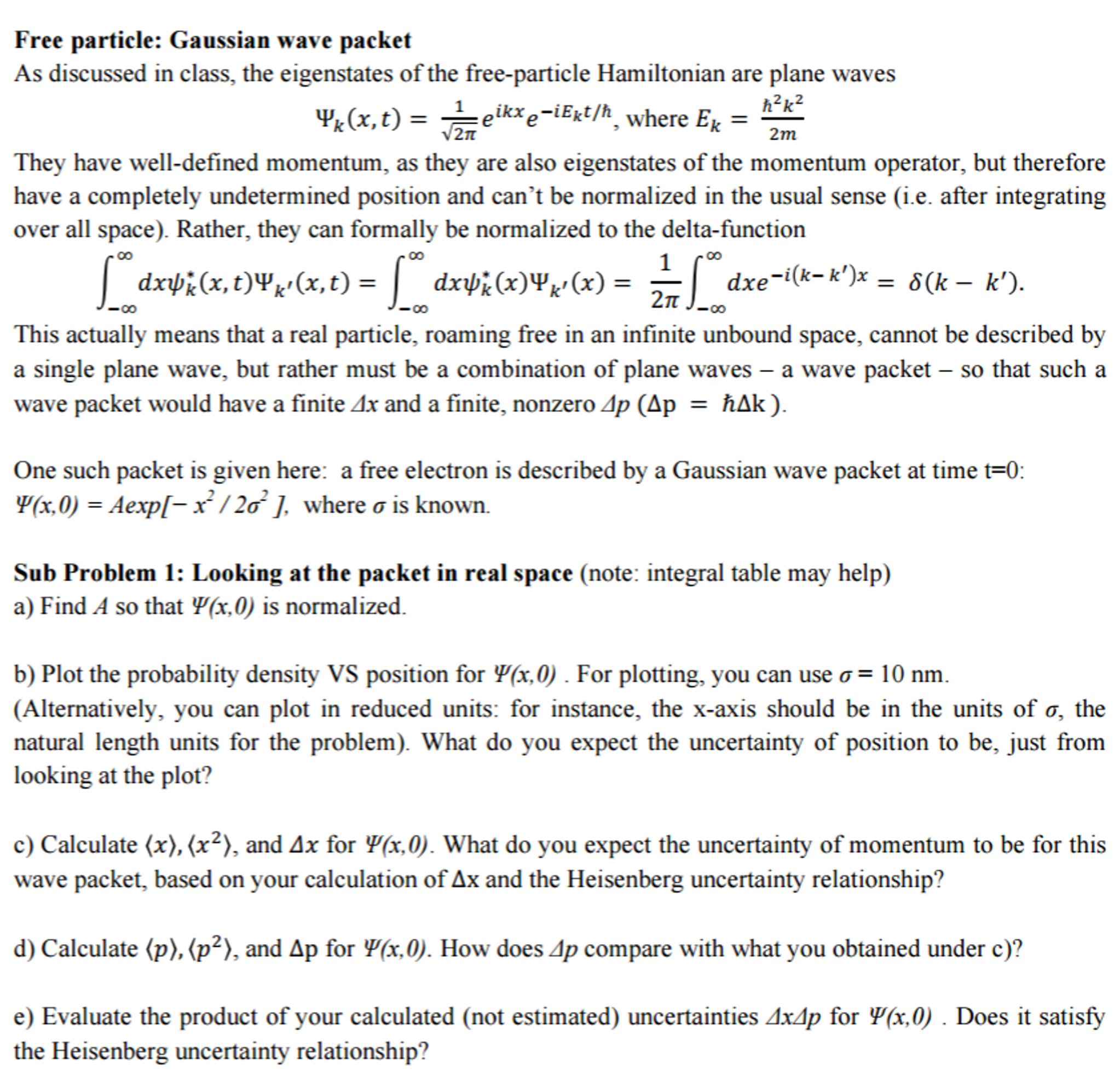 Solved Free particle: Gaussian wave packet. Looking for a | Chegg.com