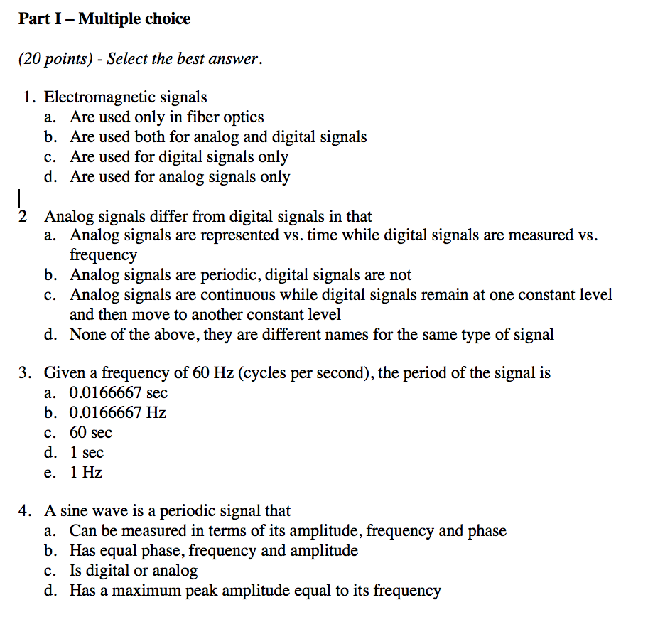 Solved Part I - Multiple choice (20 points) - Select the | Chegg.com