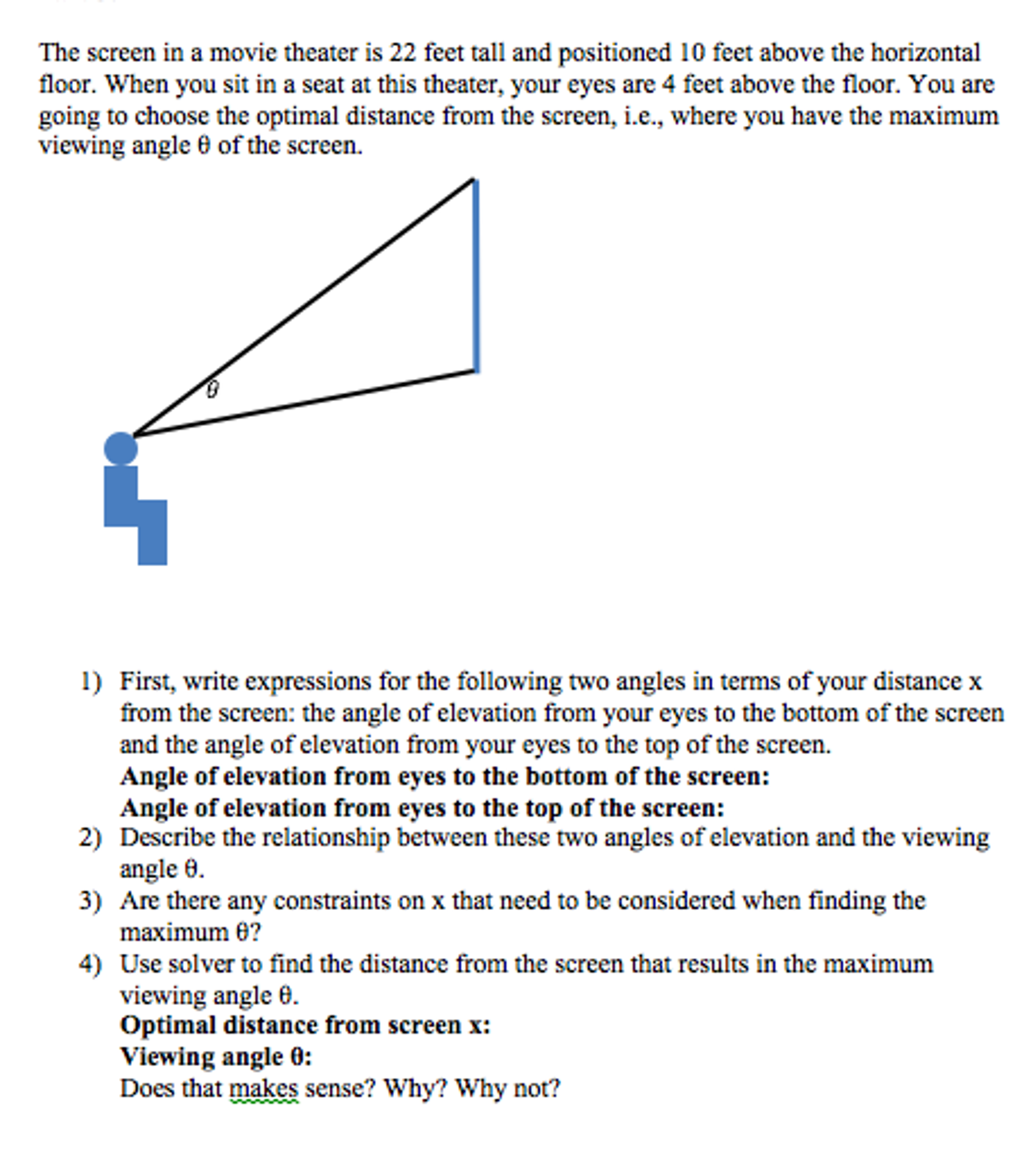 Solved The screen in a movie theater is 22 feet tall and | Chegg.com