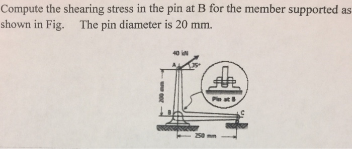 Solved Compute the shearing stress in the pin at B for the | Chegg.com Solved Compute the shearing stress in the pin at B for the | Chegg.com