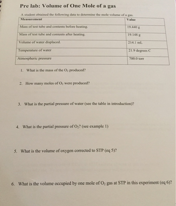 Solved Pre lab: Volume of One Mole of a gas A student | Chegg.com