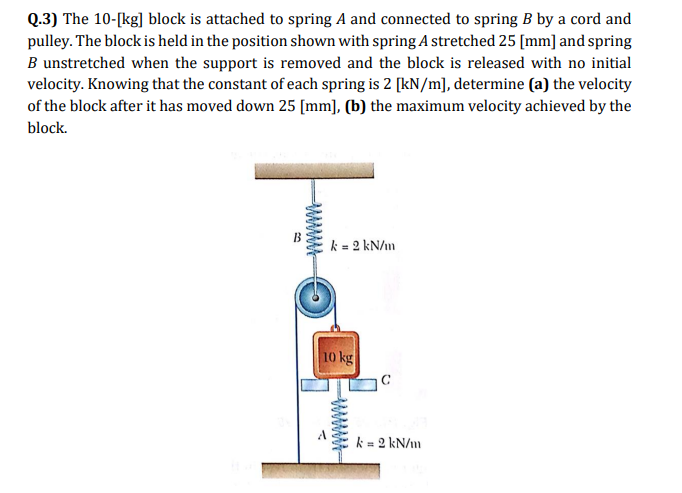 Solved Q.3) The 10-[kg] block is attached to spring A and | Chegg.com