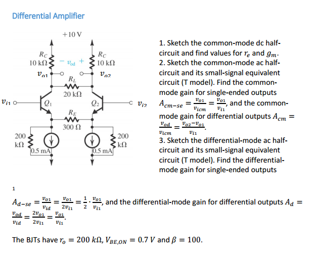 Sketch the common-mode dc halfcircuit and find values | Chegg.com