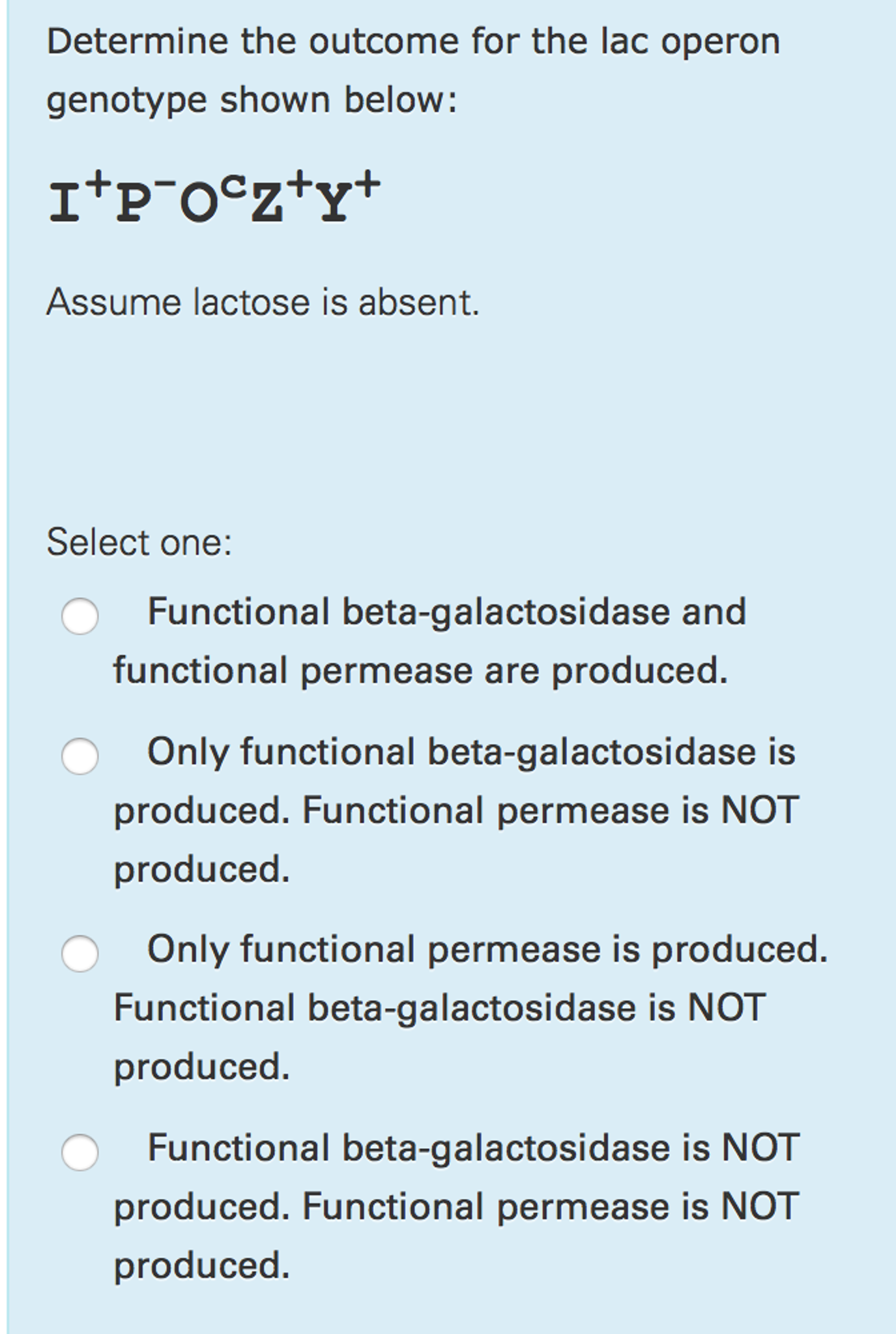 Determine the outcome for the lac operon genotype | Chegg.com