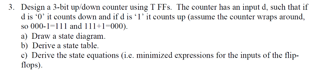 Solved Design a 3-bit up/down counter using T FFs. The | Chegg.com