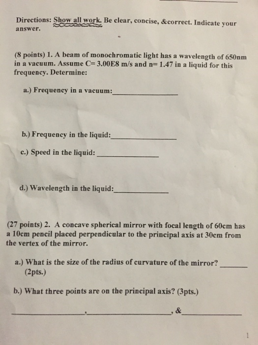 Solved Directions: Show all work. Be clear, concise, | Chegg.com