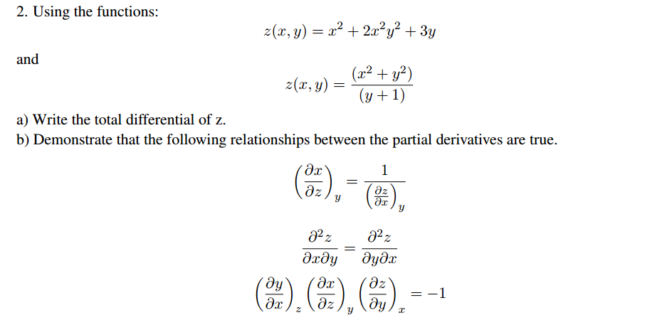Solved 2. Using the functions: z(x,y) = x^2 + 2x^2y^2 + 3y | Chegg.com