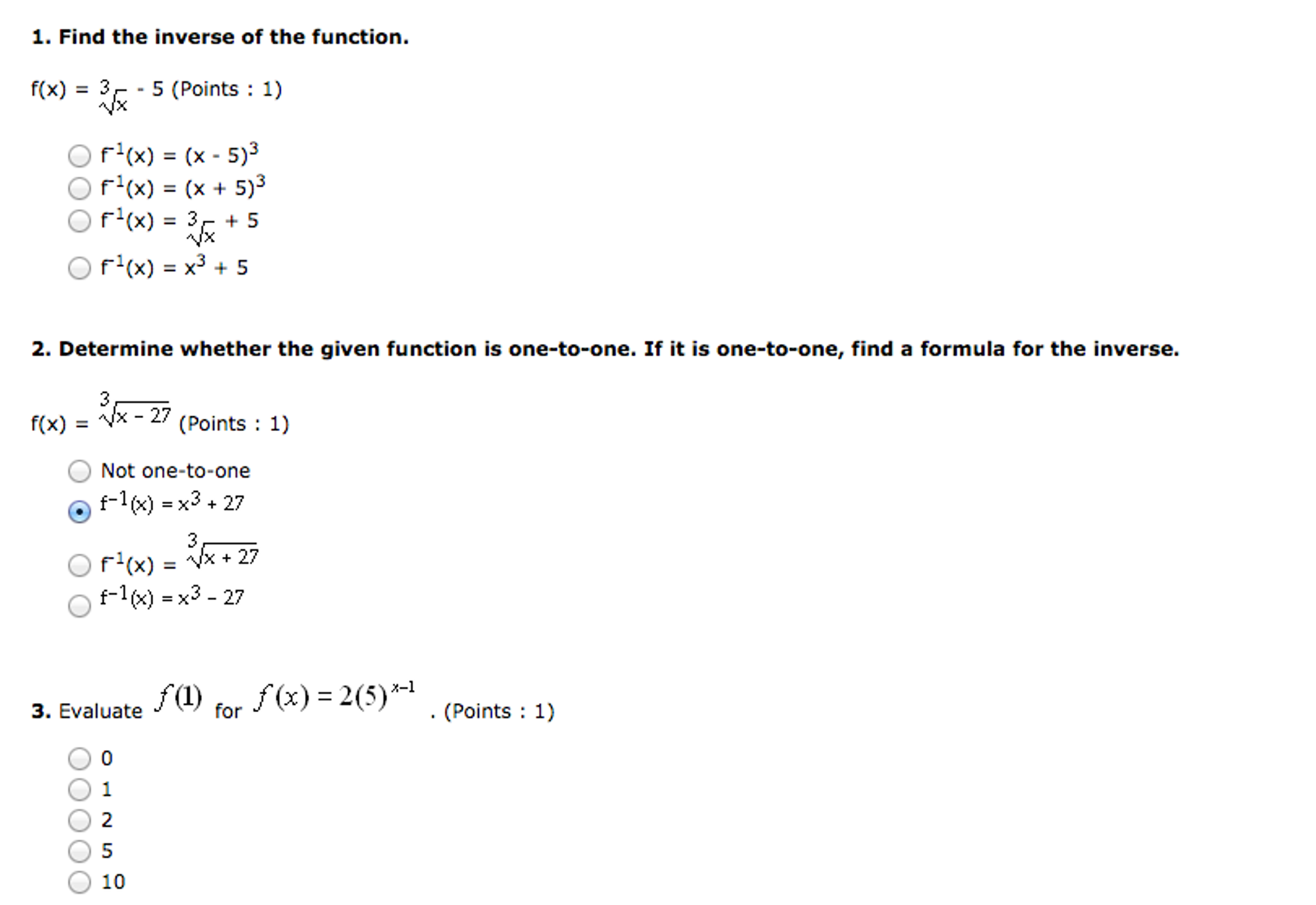 Solved 1 Find The Inverse Of The Function F X 3 5 Points