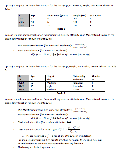 1 (50): Compute the dissimilarity matrix for the data | Chegg.com