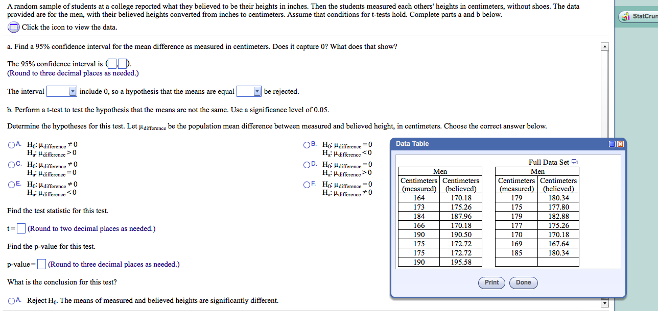 Solved A random sample of students at a college reported | Chegg.com