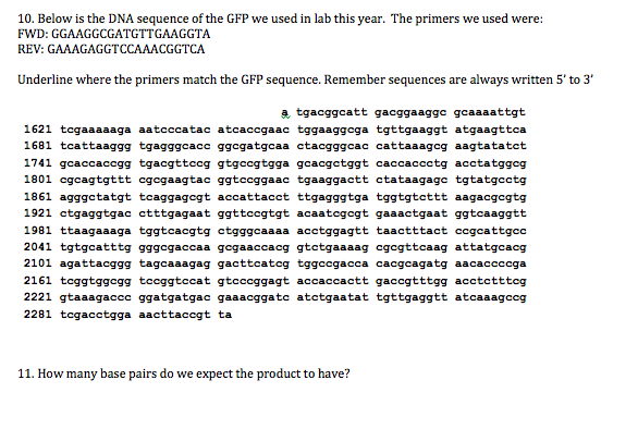 Solved Below is the DNA sequence of the GFP we used in lab | Chegg.com