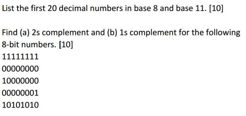 Solved List the first 20 decimal numbers in base 8 and base | Chegg.com