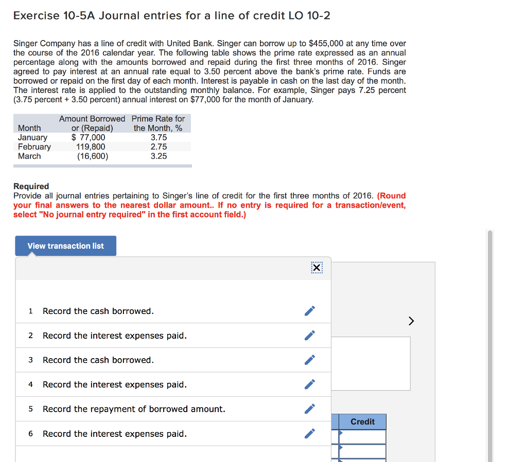 Solved Exercise 10-5A Journal entries for a line of credit | Chegg.com
