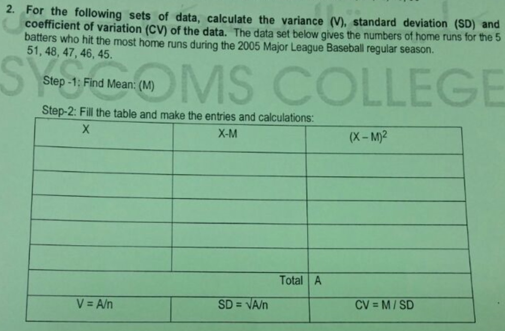 Solved For The Following Sets Of Data Calculate The