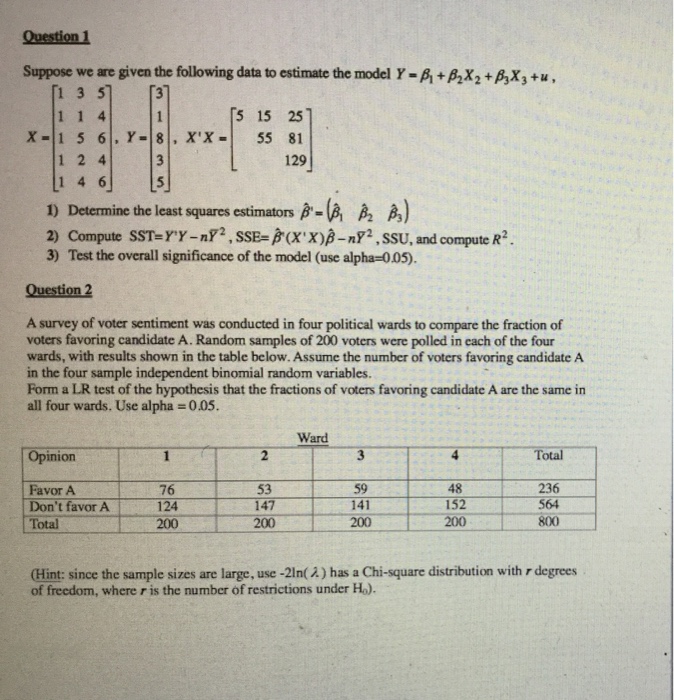 Solved Suppose we are given the following data to estimate | Chegg.com