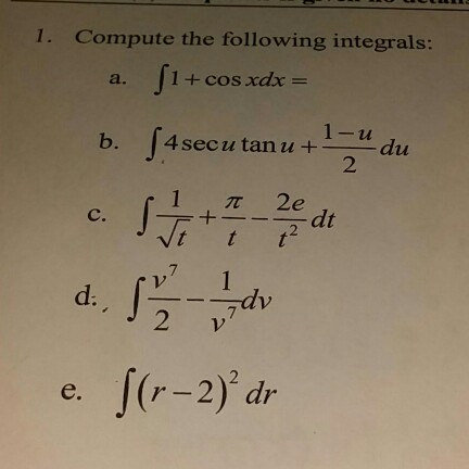 Solved Compute the following integrals: a. integral 1 + cos | Chegg.com