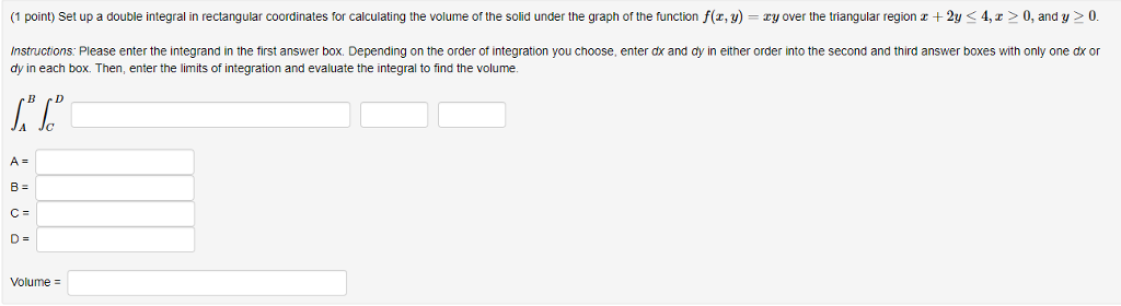 Solved (1 point) Set up a double integral in rectangular | Chegg.com