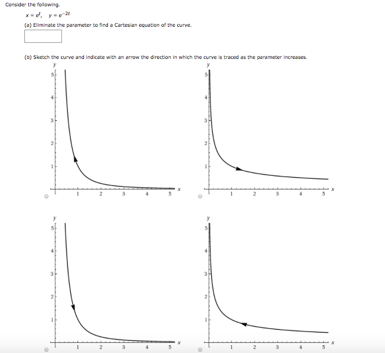 Solved Consider the following. x = e^t, y = e^-2t (a) | Chegg.com Solved Consider the following. x = e^t, y = e^-2t (a) | Chegg.com