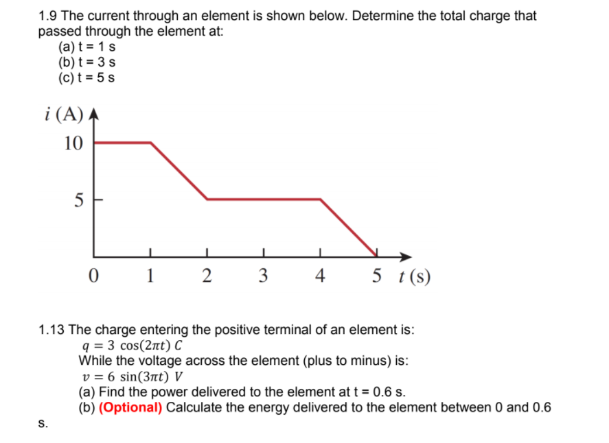 Solved 1.9 The current through an element is shown below. | Chegg.com