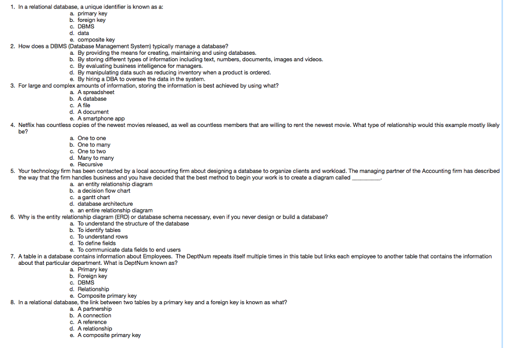 Solved 1. In a relational database, a unique identifier is | Chegg.com