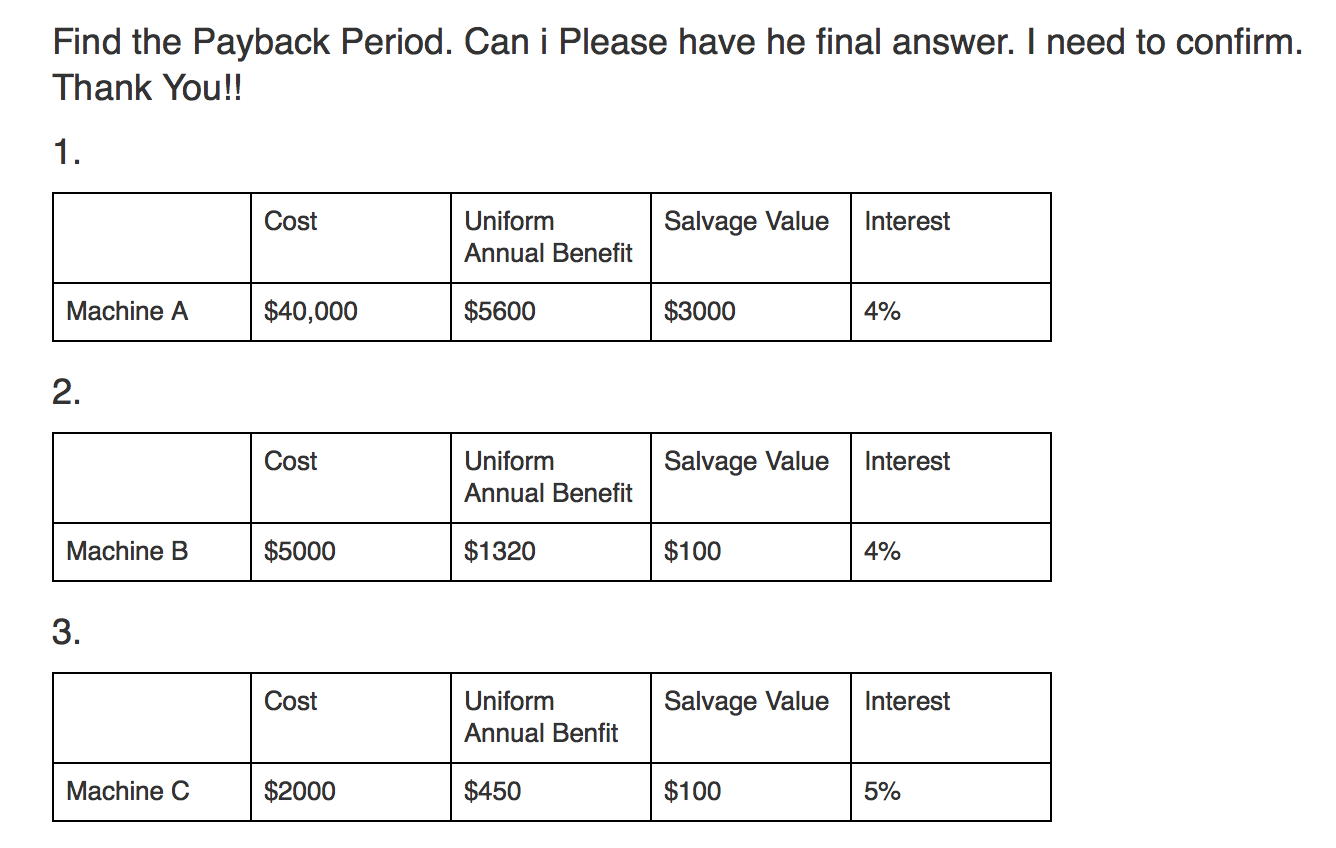 Solved Find the Payback Period. Can i Please have he final | Chegg.com
