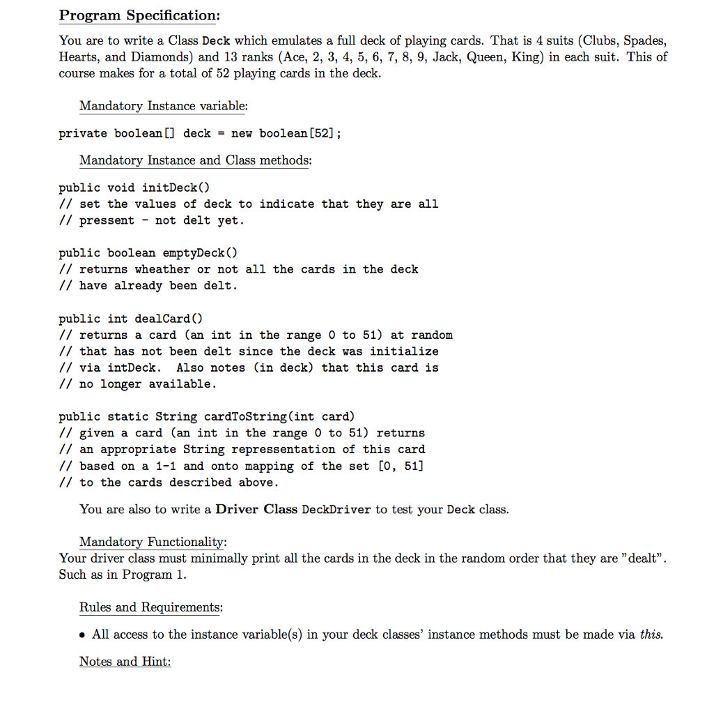 Solved Program Specification: You are to write a Class Deck | Chegg.com