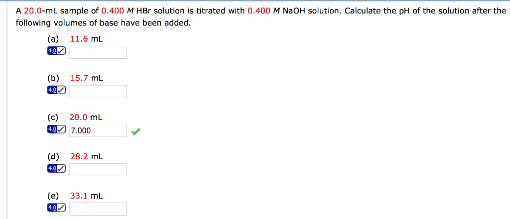 Solved A 20.0-mL sample of 0.400 M HBr solution is titrated | Chegg.com