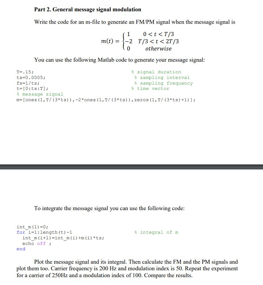 Solved Part 2. General message signal modulation Write the | Chegg.com