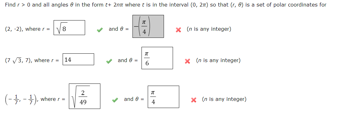 Solved Find r > 0 and all angles theta in the form t+ 2npi | Chegg.com