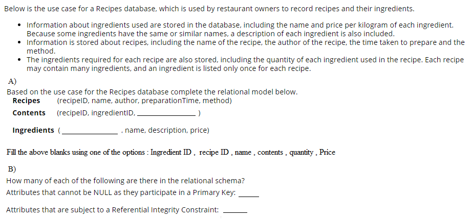 Solved Below is the use case for a Recipes database, which | Chegg.com