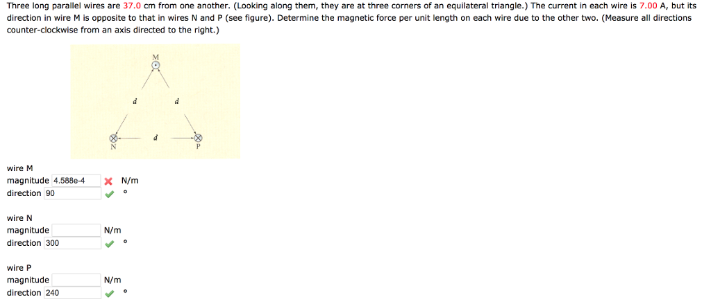 Solved Three long parallel wires are 37.0 cm from one | Chegg.com