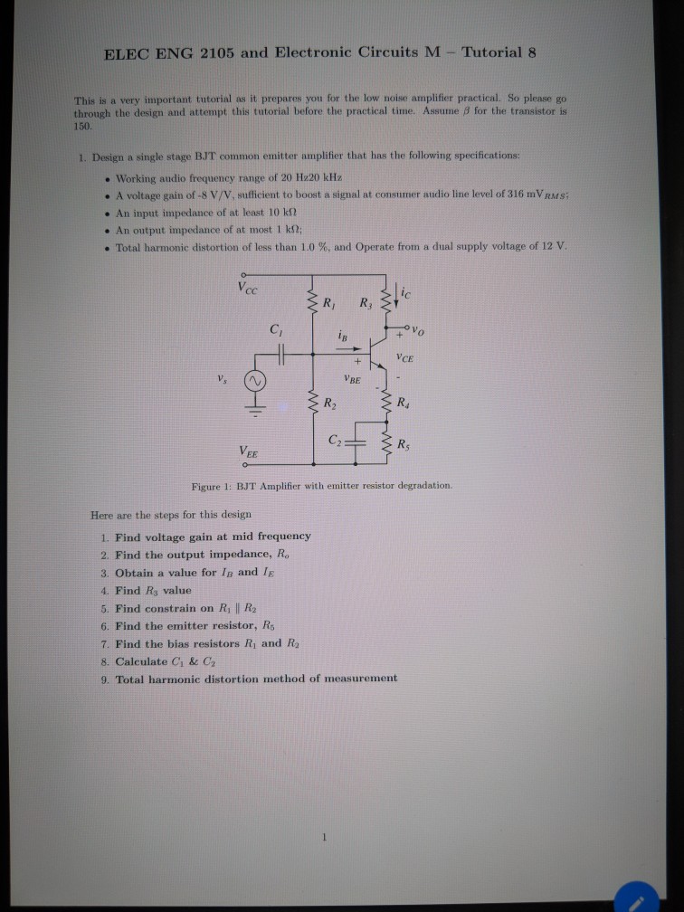 Solved ELEC ENG 2105 and Electronic Circuits M Tutorial 8 | Chegg.com