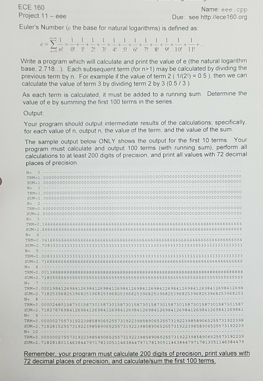 Solved ECE 160 Project 11 eee Euler's Number (e the base for | Chegg.com