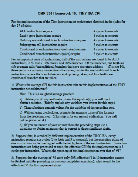 Solved CMP 334 Homework 10: TINY ISA CPI For the day 17 of | Chegg.com