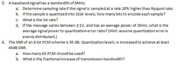 Solved A baseband signal has a bandwidth of 5MHz. Determine | Chegg.com