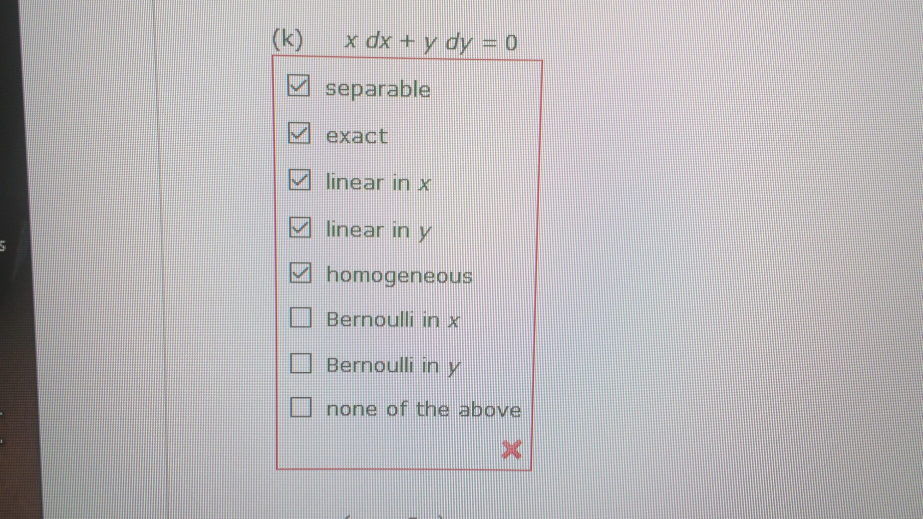Solved x dx + y dy = 0 separable exact linear in x | Chegg.com