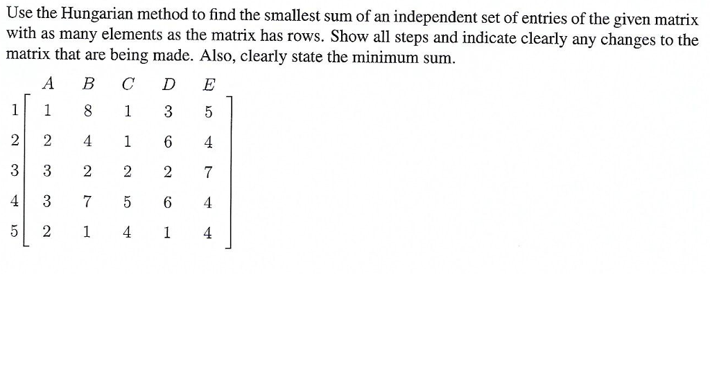 Solved Use the Hungarian method to find the smallest sum of | Chegg.com