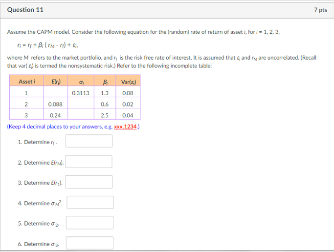 Solved Question 11 7 pts Assume the CAPM model. Consider the | Chegg.com