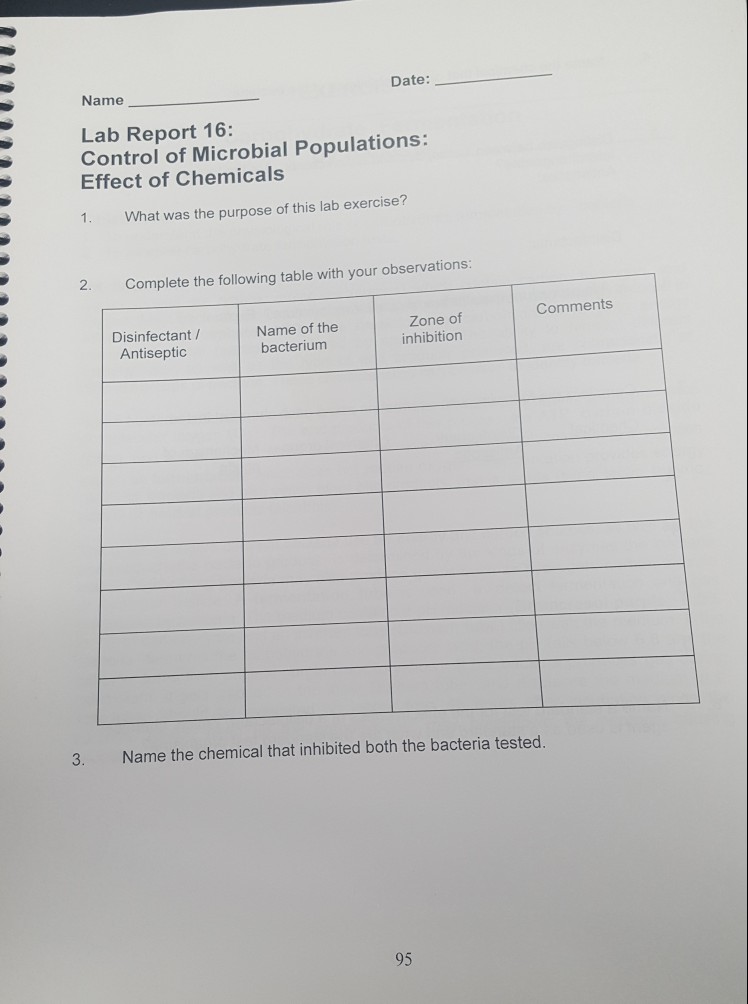 Name Date: Lab Report 16: Control of Microbial | Chegg.com