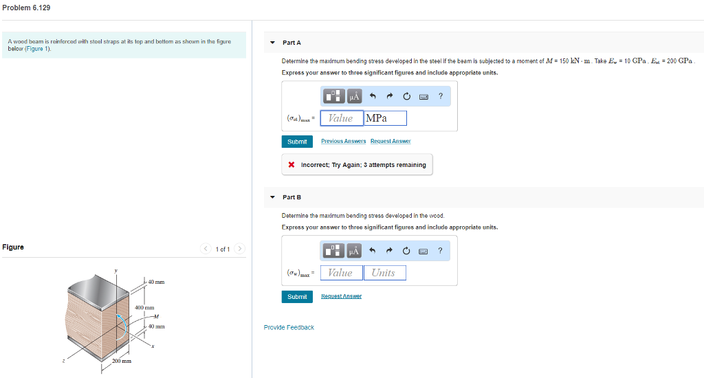 Solved Problem 6.129 A wood beam is reinforced with sioel | Chegg.com