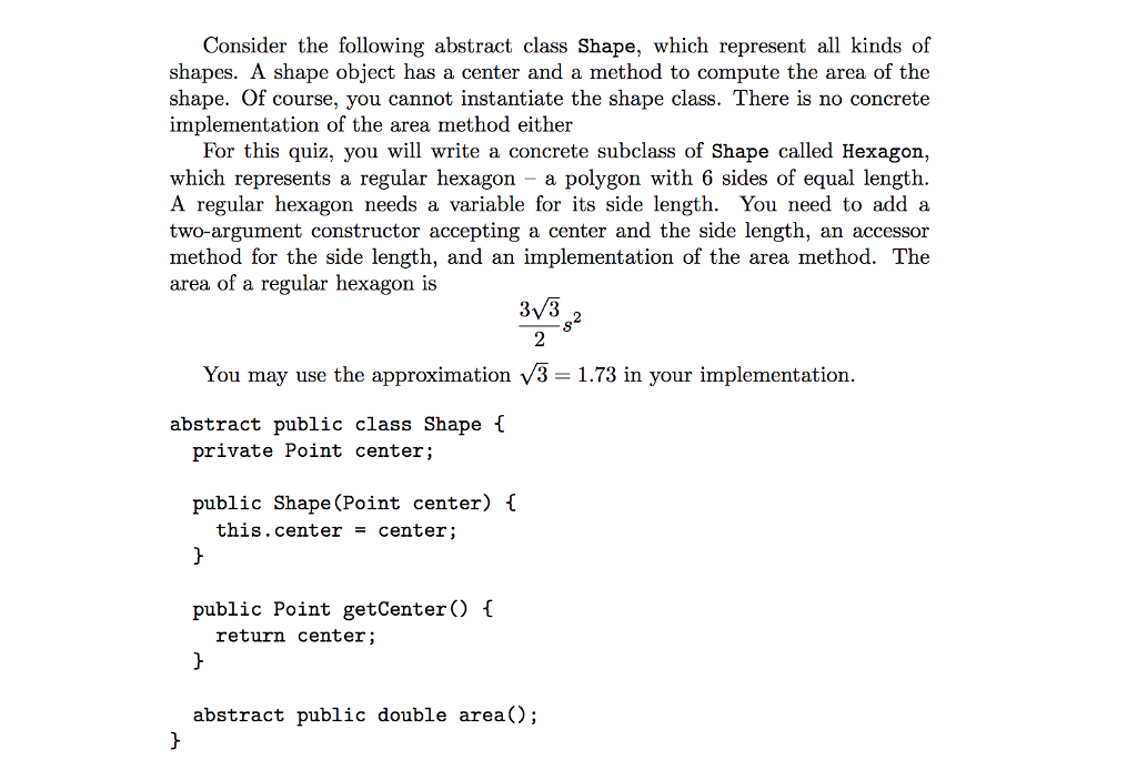 Solved Consider the following abstract class Shape, which | Chegg.com