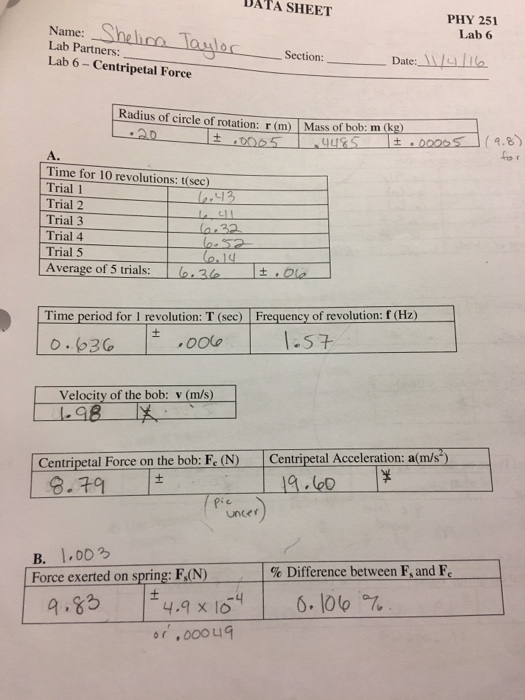 Solved DATA SHEET PHY 251 Lab 6 Name: Section: Date: | Chegg.com