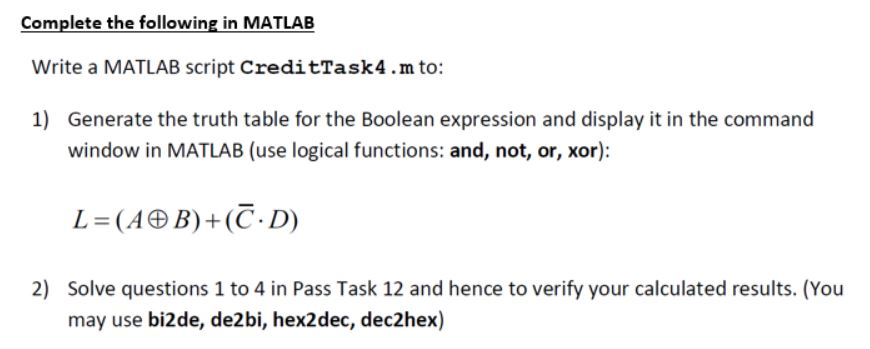 Solved Write A Matlab Script Credittask4m To Generate The 