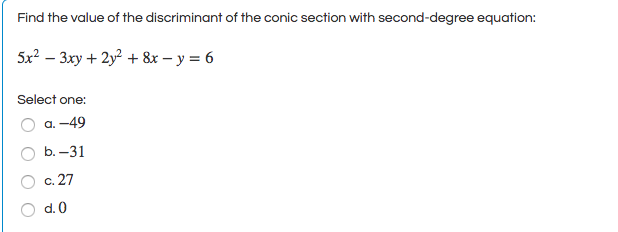 Solved Find the value of the discriminant of the conic | Chegg.com