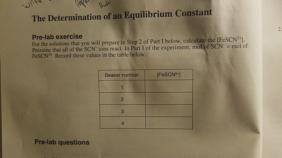 Solved The Determination of an Equilibrium Constant Pre-lab | Chegg.com