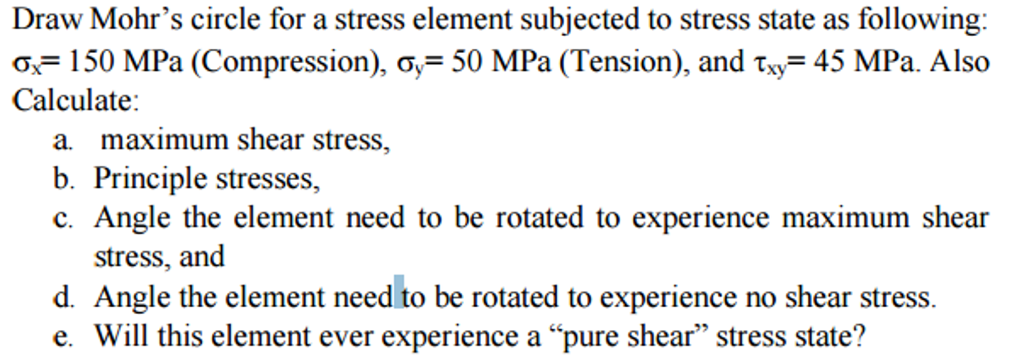 Solved Draw Mohr's circle for a stress element subjected to | Chegg.com