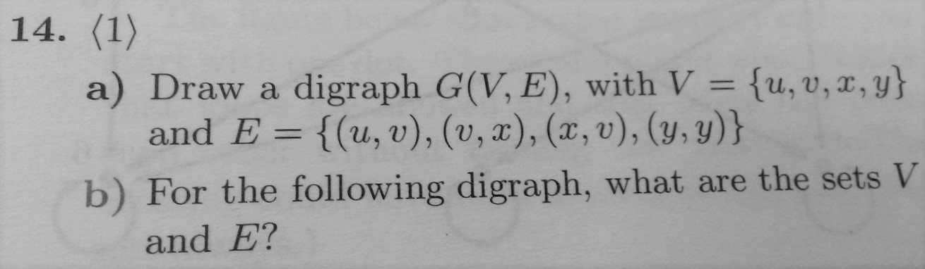 Solved Draw a digraph G(V,E), with V and E = {(u, v), (v, | Chegg.com