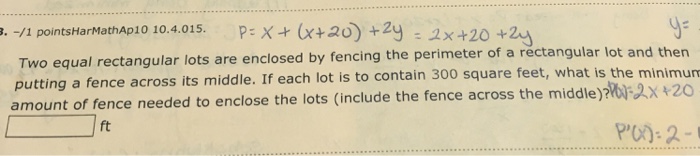Solved Two equal rectangular lots are enclosed by fencing | Chegg.com