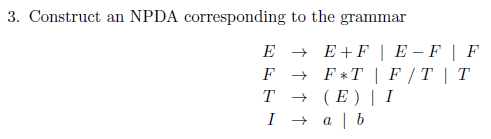Solved Construct an NPDA corresponding to the grammar E | Chegg.com