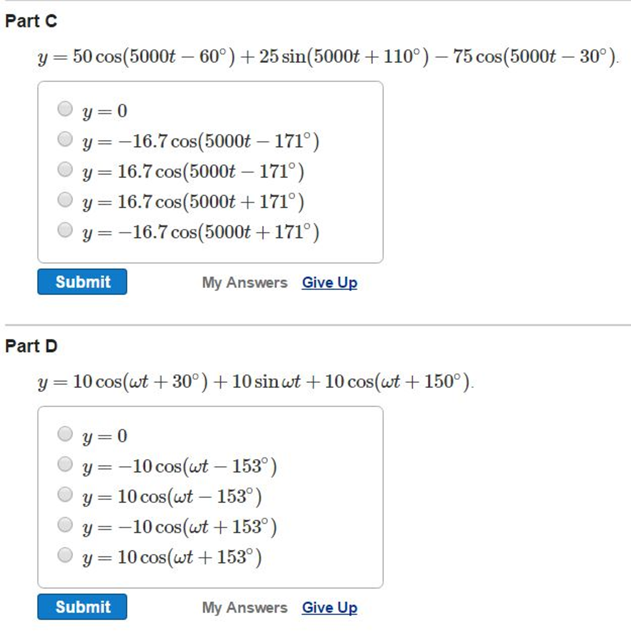 Solved y = 30 cos(200t - 160 degree) + 15cos(200t + 70 | Chegg.com